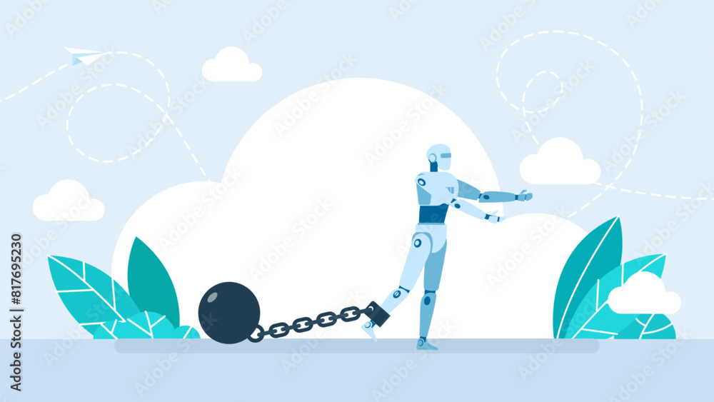 Unhappy robot on a chain. Limited opportunity. Fear of new technologies ...