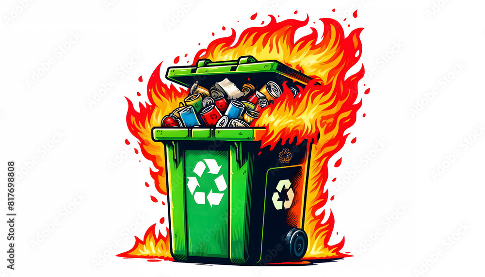 Dramatic Cartoon of Burning Trash Bin with Recycling Symbol, Go Green ...
