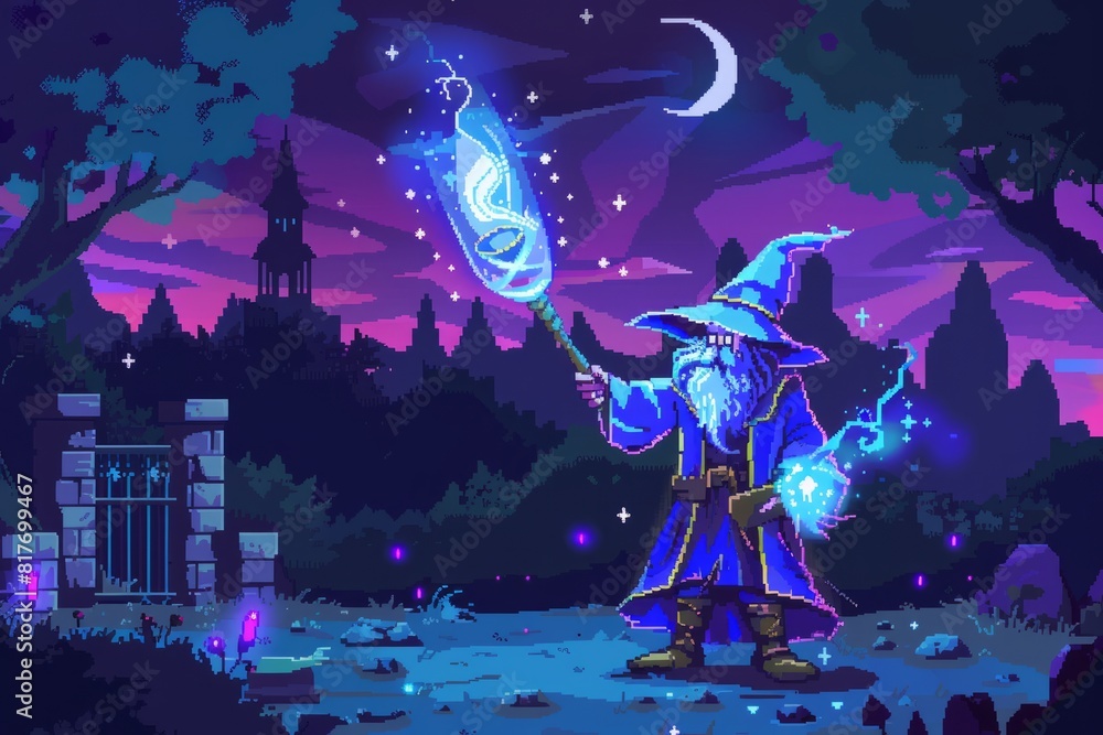 Cartoon cute doodles of a pixelated wizard casting spells in a magical ...