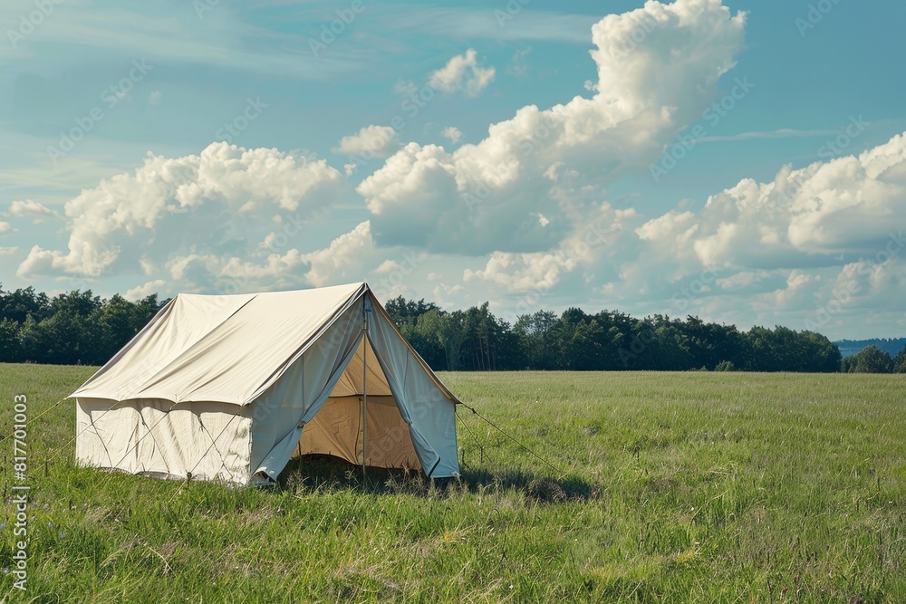 Canvas waterproof tent in a field on a hot summer day with blue clouds ...