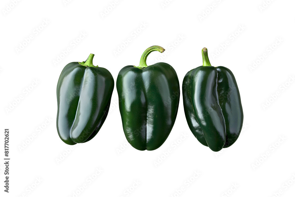 Three green poblano peppers are shown in a row. The peppers are large ...