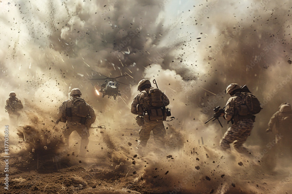 A group of soldiers in uniform running through a dense dust storm ...