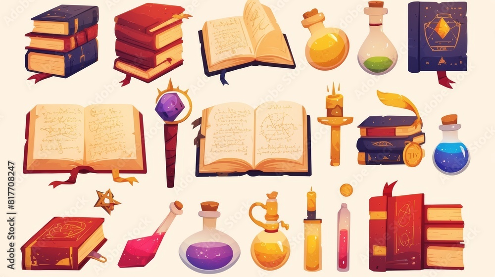 Old magic open paper book icon. Ancient spell. Fantasy wizard alchemy ...