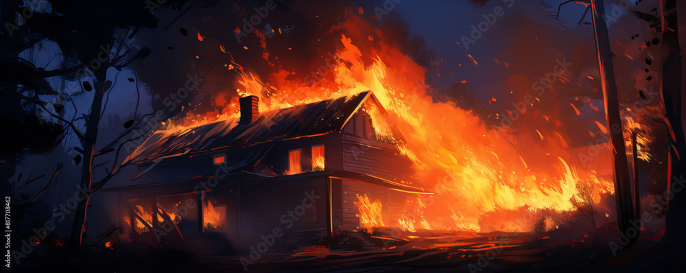 A photograph of a burning house at night, with flames illuminating the ...