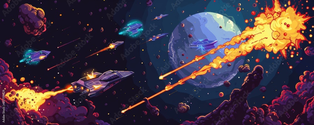 Epic Pixel Art Space Battle: Ships, Asteroids, and Explosions Stock ... Epic Pixel Art Space Battle: Ships, Asteroids, and Explosions Stock ...