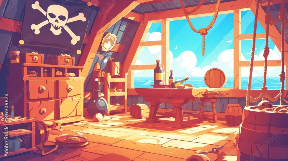 Interior of pirate ship sailboat. Old ship room and treasure. Wooden ...