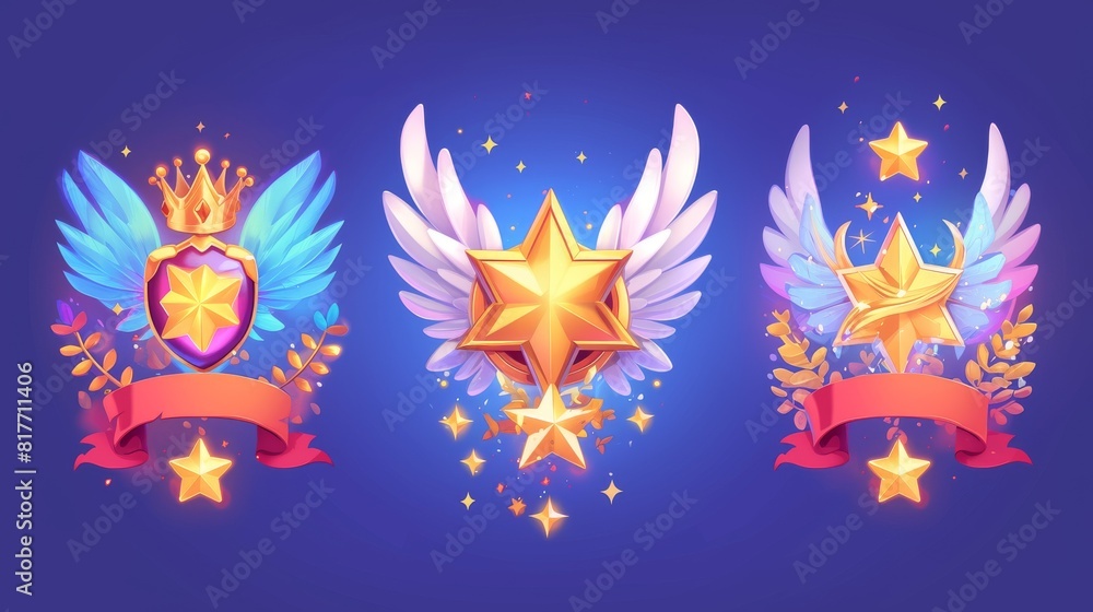 A circle badge frame for a game UI avatar design with wings, golden ...