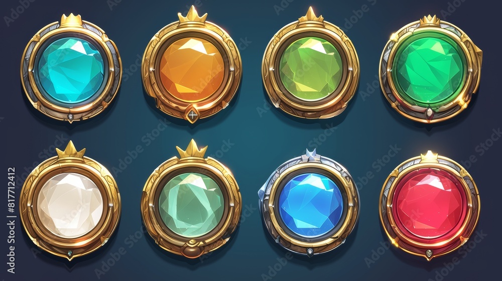 Fantasy game UI button icon set. Aesthetic round level rings with ...