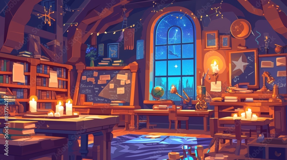 The interior of a magic school classroom at night. Modern cartoon ...