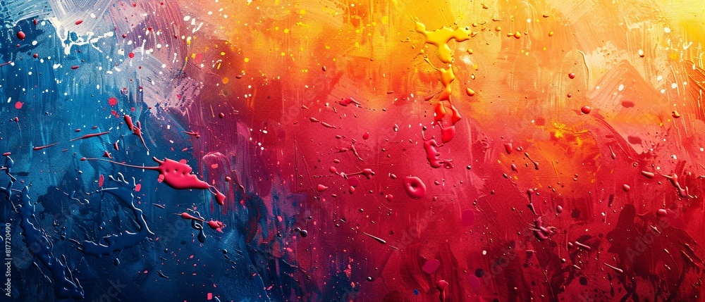 Abstract canvas painting with messy paint splashes and ink blotches ...