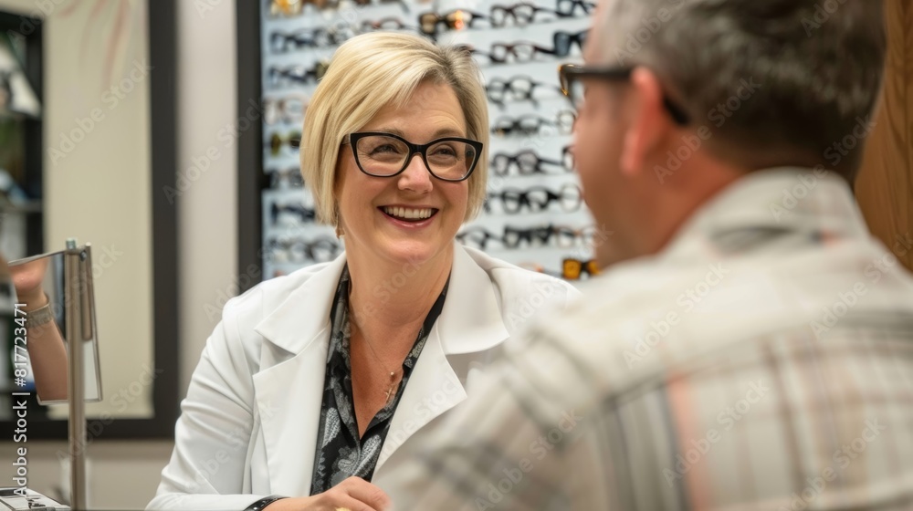 Happy female optician helping customers with glasses and vision in ...