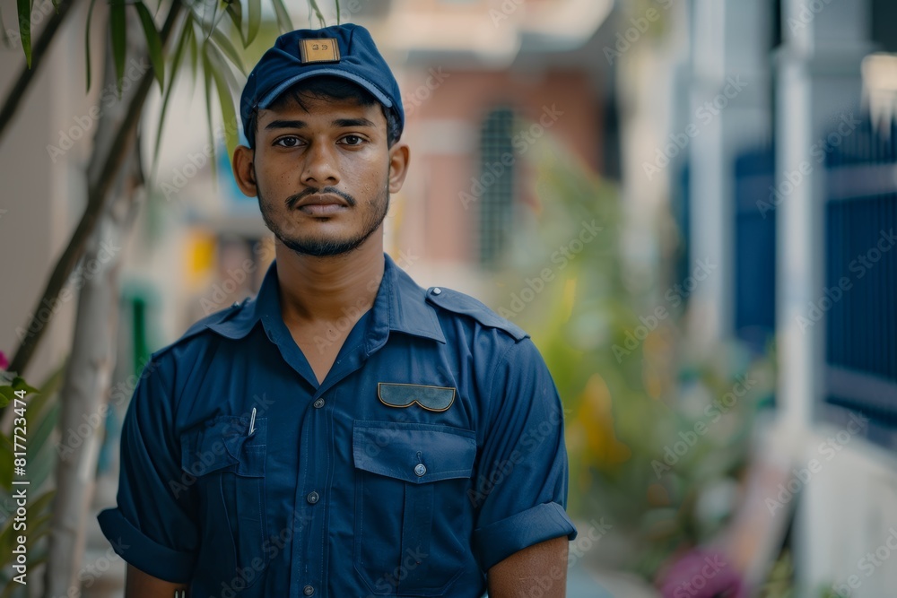 Man and serious security guard for police, crime protection, and city ...