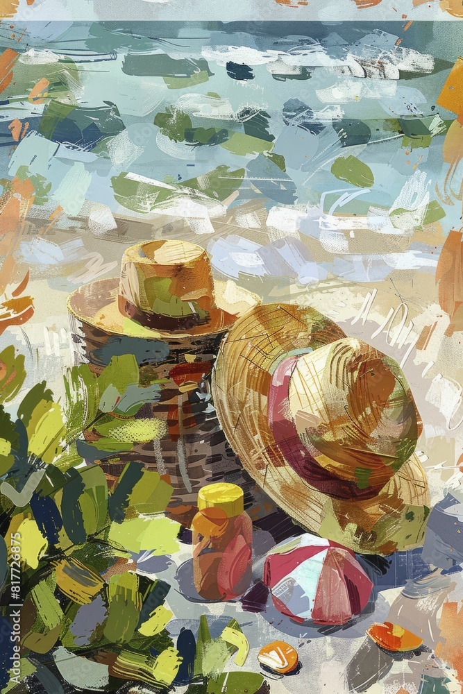 Detailed illustration of beach essentials for a perfect summer day ...