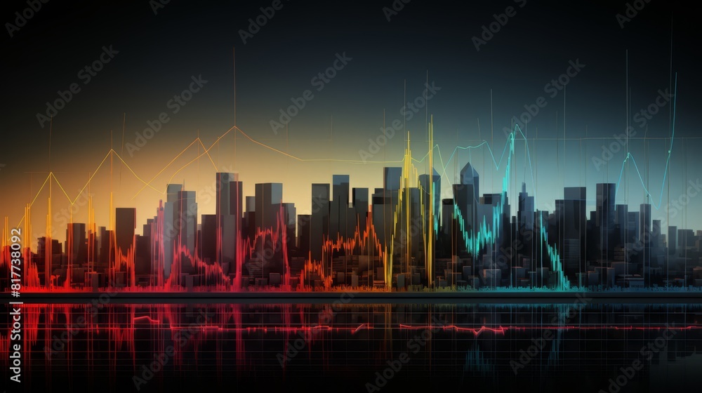 Side view of a melting financial graph on a digital screen, set against ...