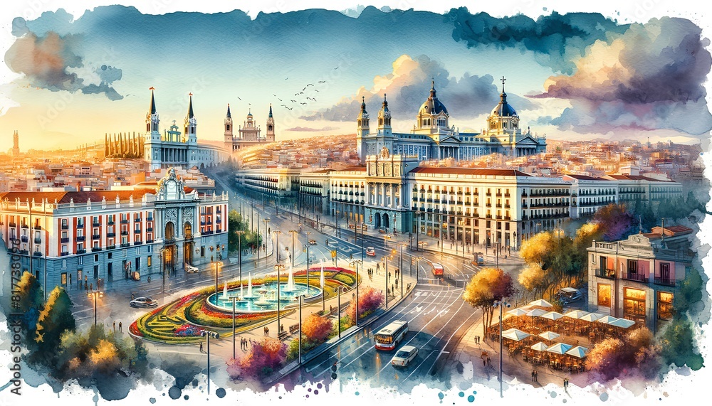 watercolor painting featuring significant landmarks of Madrid, Spain ...