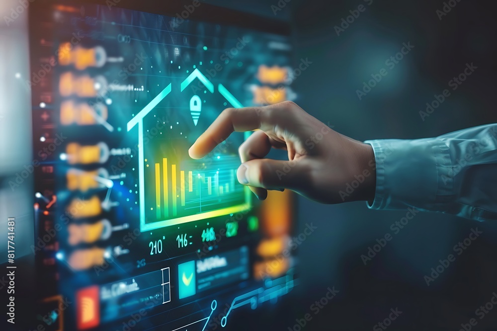 Energy efficiency concept. Businessman touching energy efficiency ...