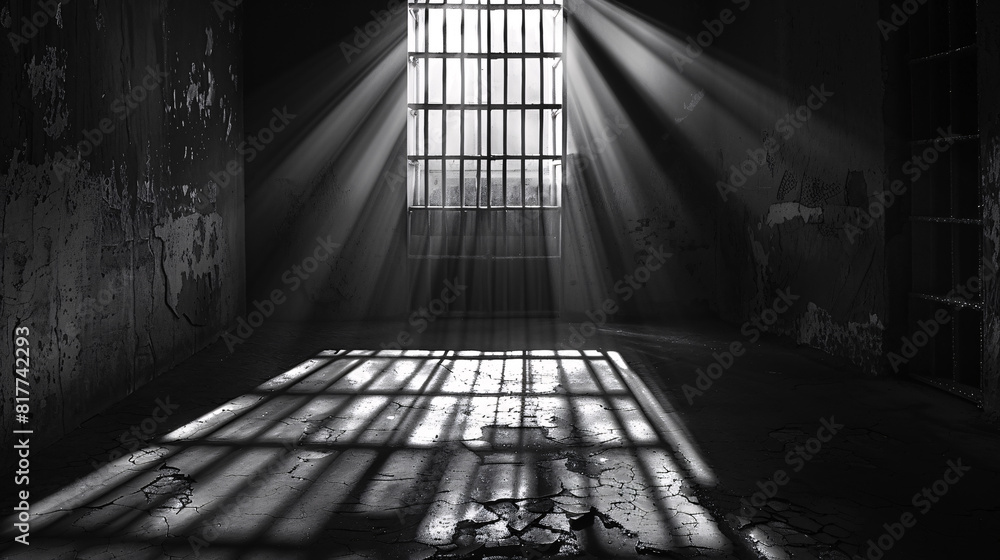 Sunlight streaming through prison bars. Dramatic light rays illuminate the dark, empty cell ...