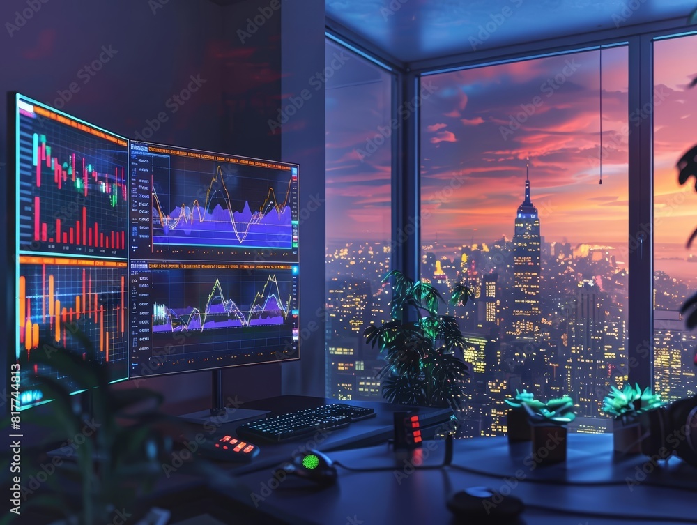 Financial trading setup with charts on screens, plants, and a city view ...