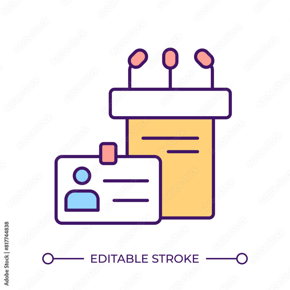 Public speaking event RGB color icon. Podium and id badge. Professional ...