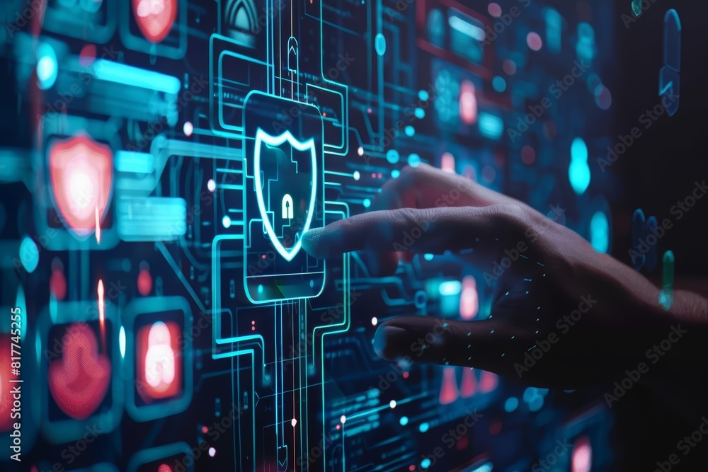 Futuristic hand touching a digital screen with security and privacy ...