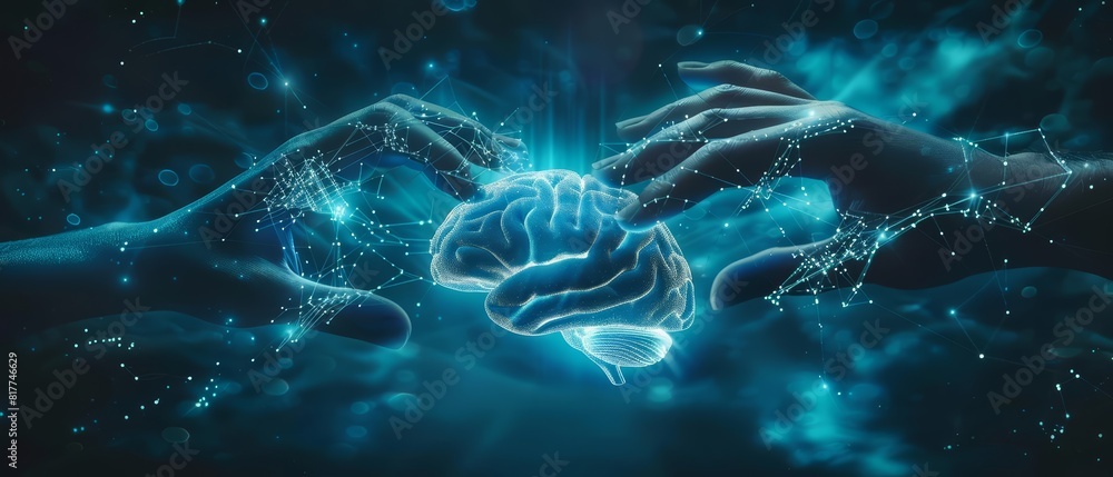Human and robot hands touching a digital brain hologram, illustrating the fusion of technology ...