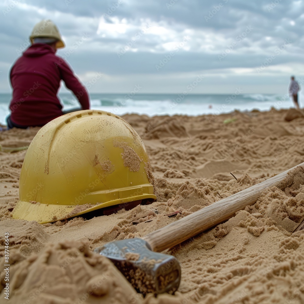 Beach Construction Scene with Hard Hat and Hammer, Coastal Work ...