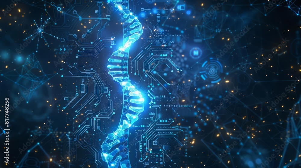 Digital double helix with circuit patterns, futuristic, neon blue and ...