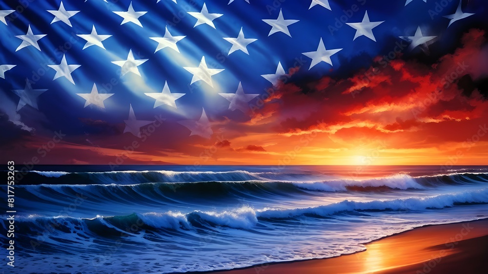 American flag embodied in seascape sunset clouds sky stars transition ...