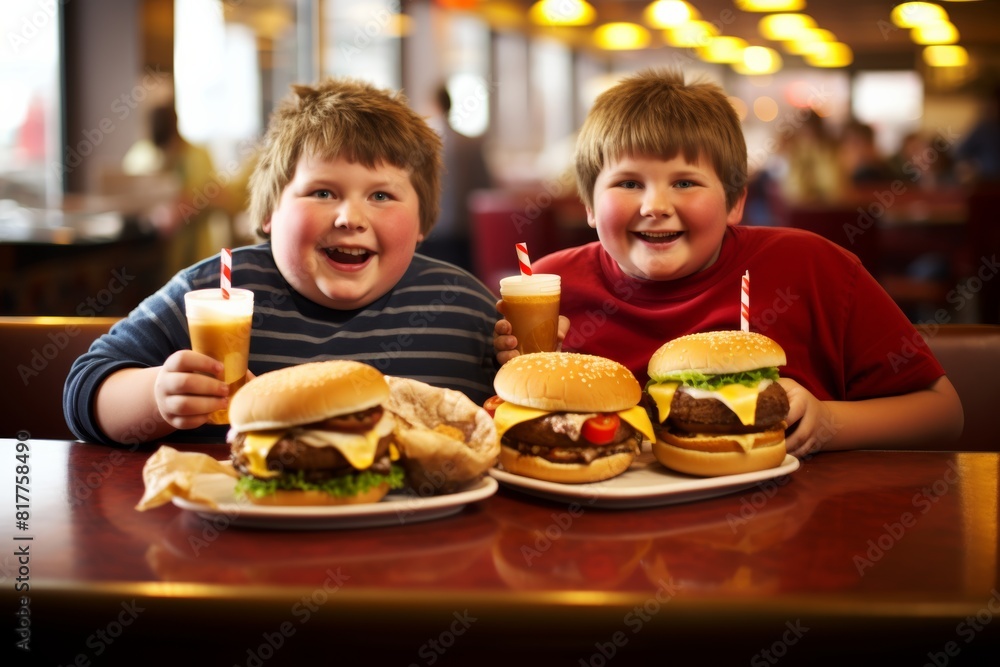 two slightly fat 8 year old boys eating hamburgers at a fast food ...