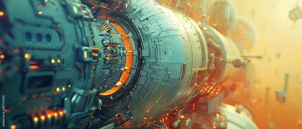 Illustrate a close-up view of futuristic technologies influenced by ...