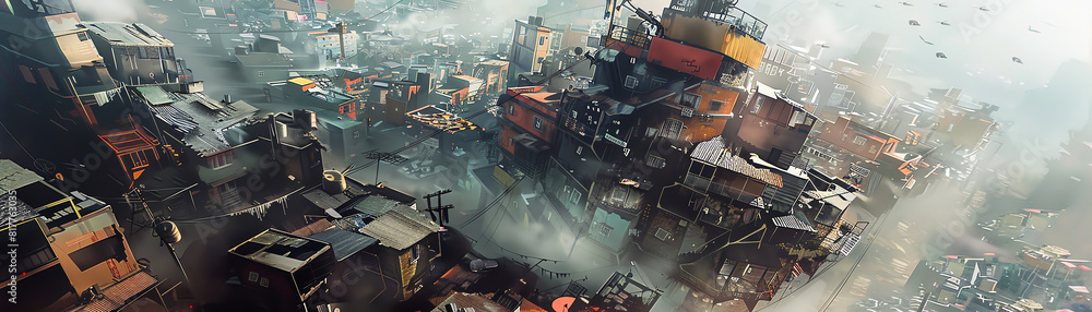 Envision a high-angle perspective of a post-apocalyptic urban sprawl ...