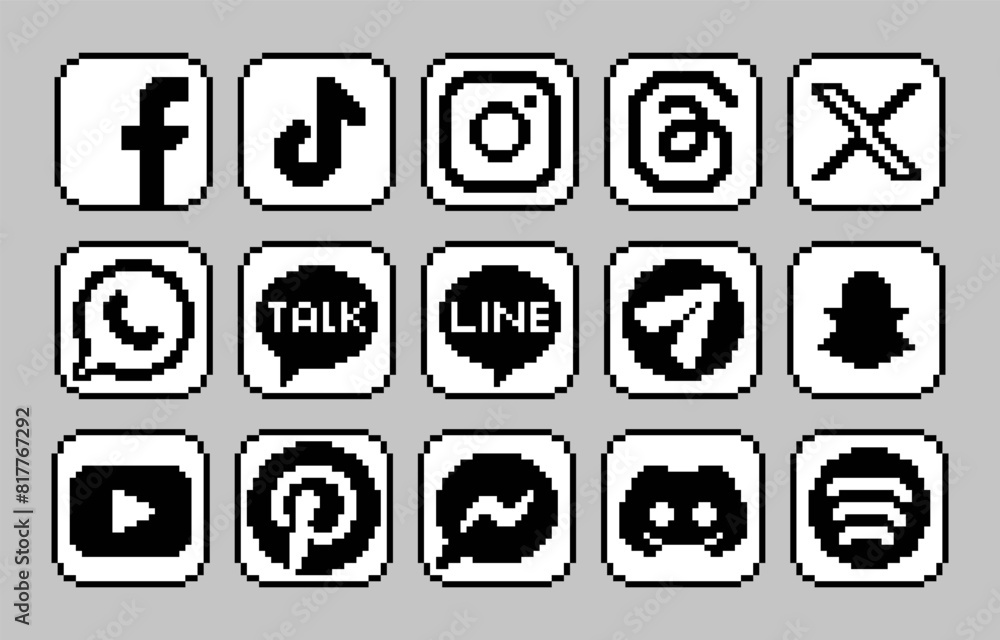 Collection set of social media icons in pixel art 8-bit retro style ...