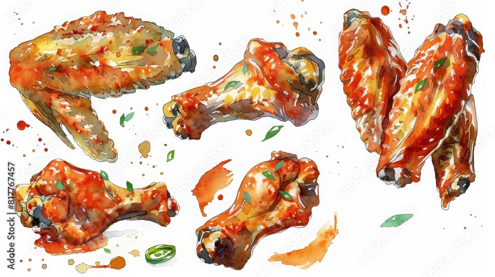 A set of watercolor of a spicy chicken wing platter, each piece coated ...