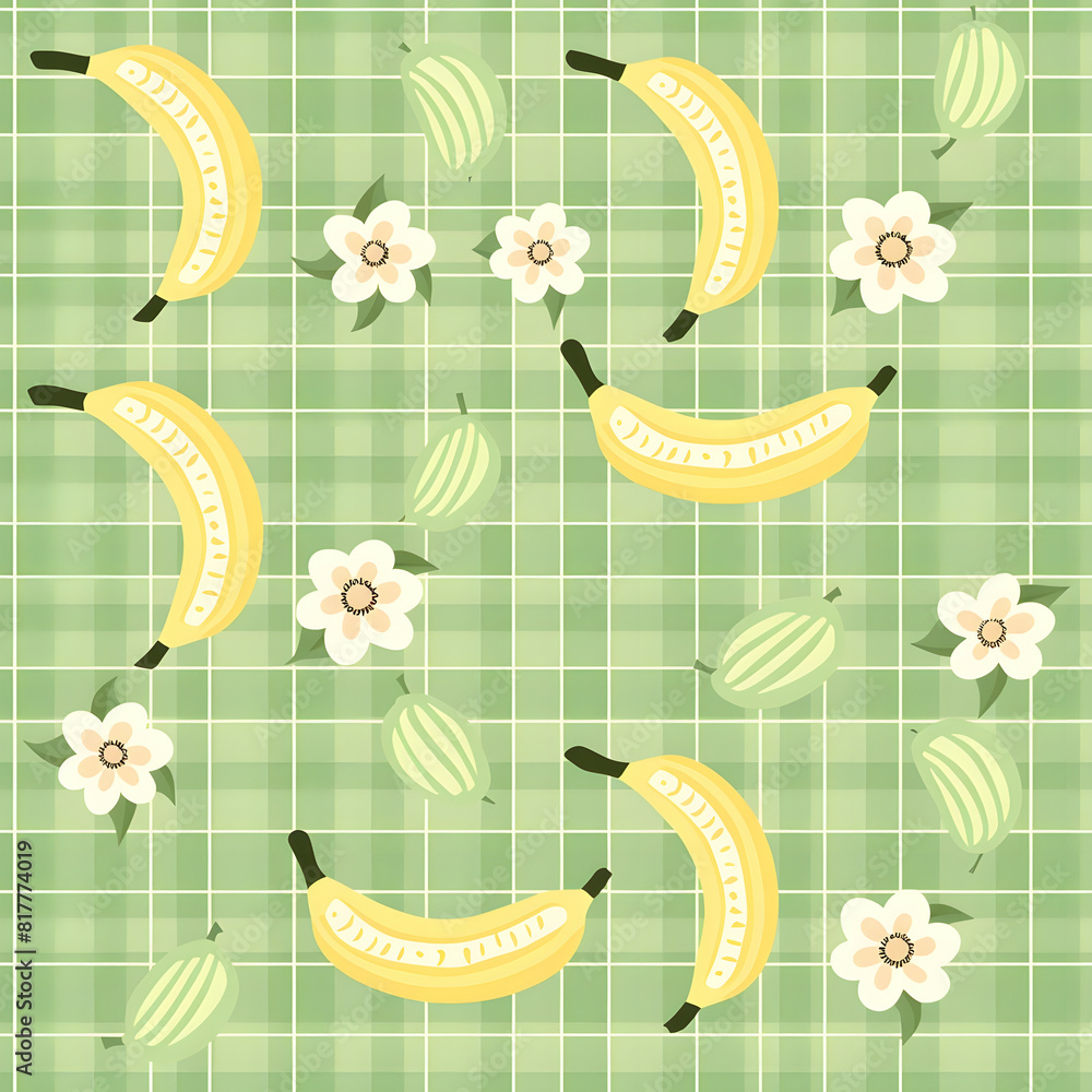 Cute banana pattern on green plaid background, small white flowers ...