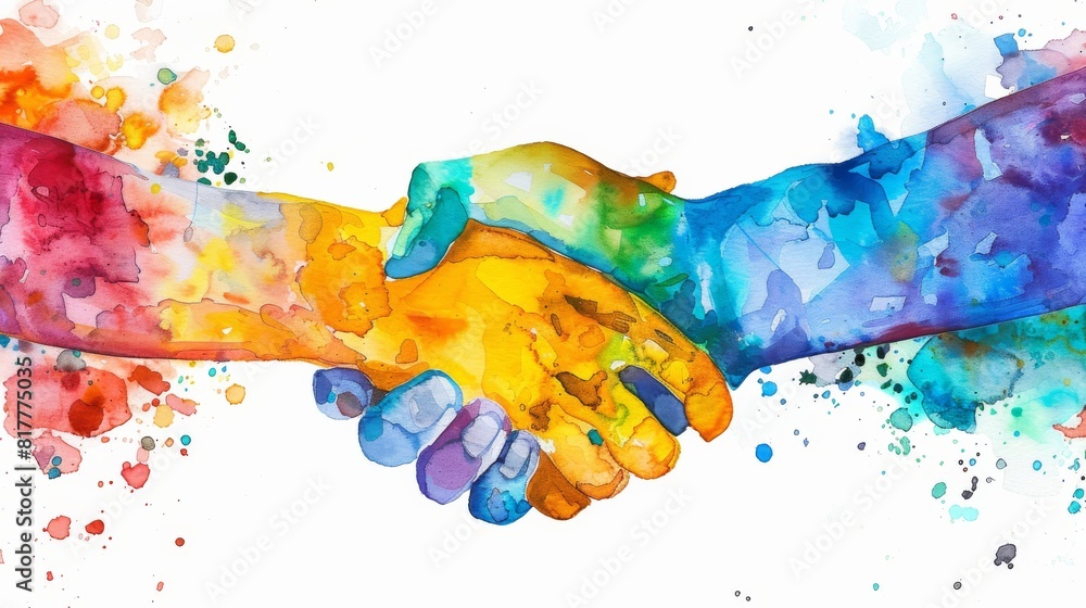 Watercolor illustration of a handshake in vibrant colors, representing ...