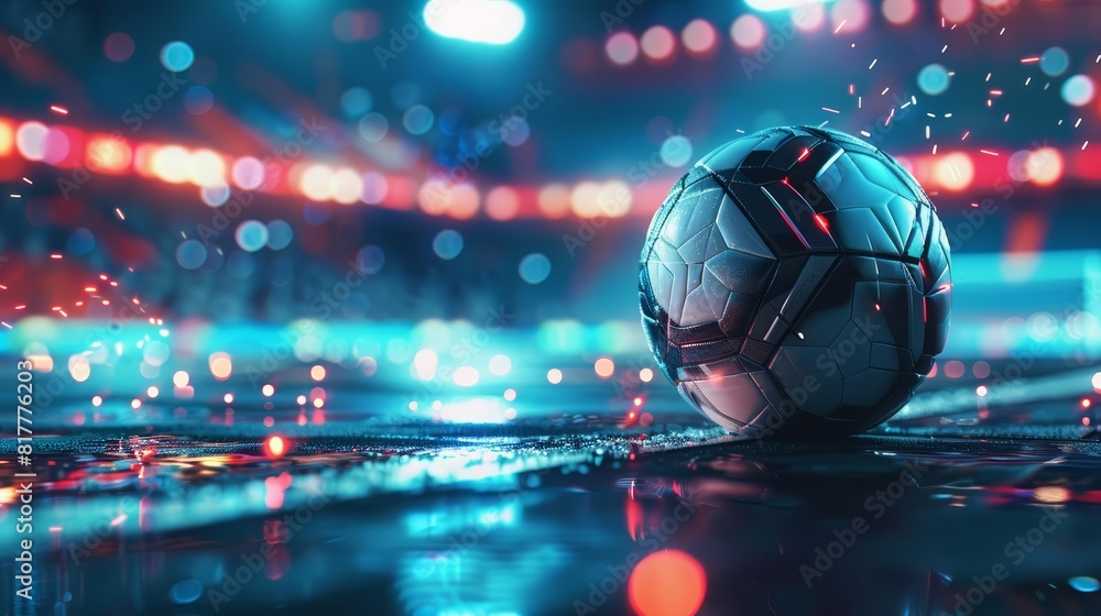 Closeup of a futuristic soccer ball illuminated by dynamic lights on a ...