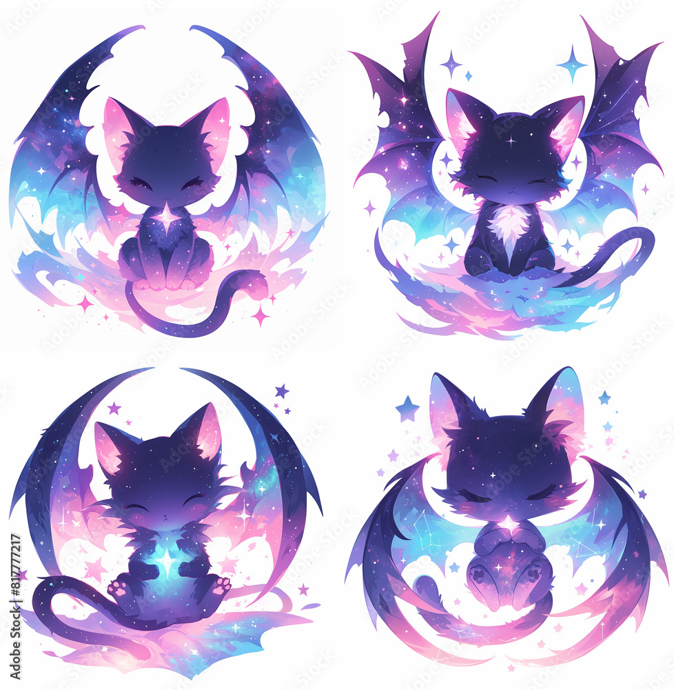 Black cat demon with wings Cute kawaii ilustrations for stickers ...