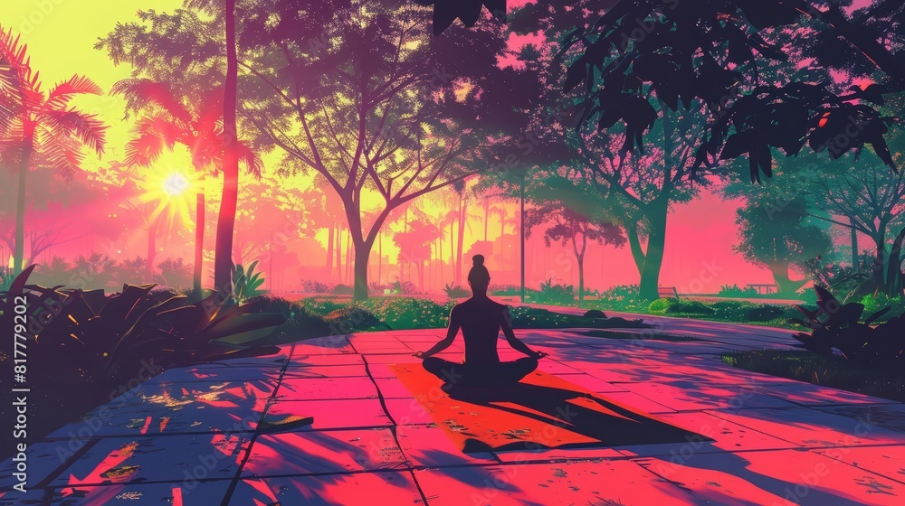 Paper art style of a serene yoga session in a sunlit park, captured in ...