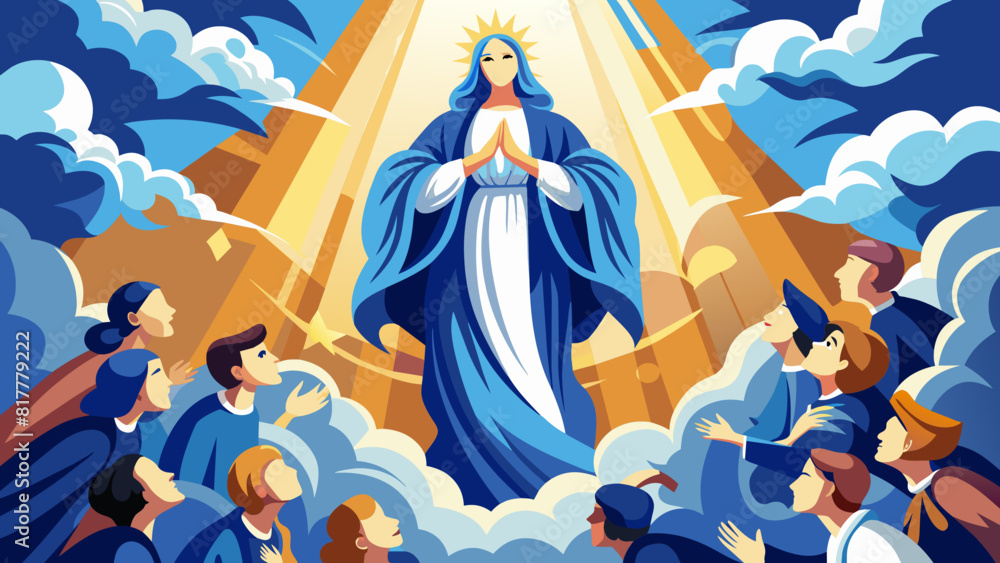 Celestial Madonna Amidst Worshippers: A Vibrant Illustration of ...