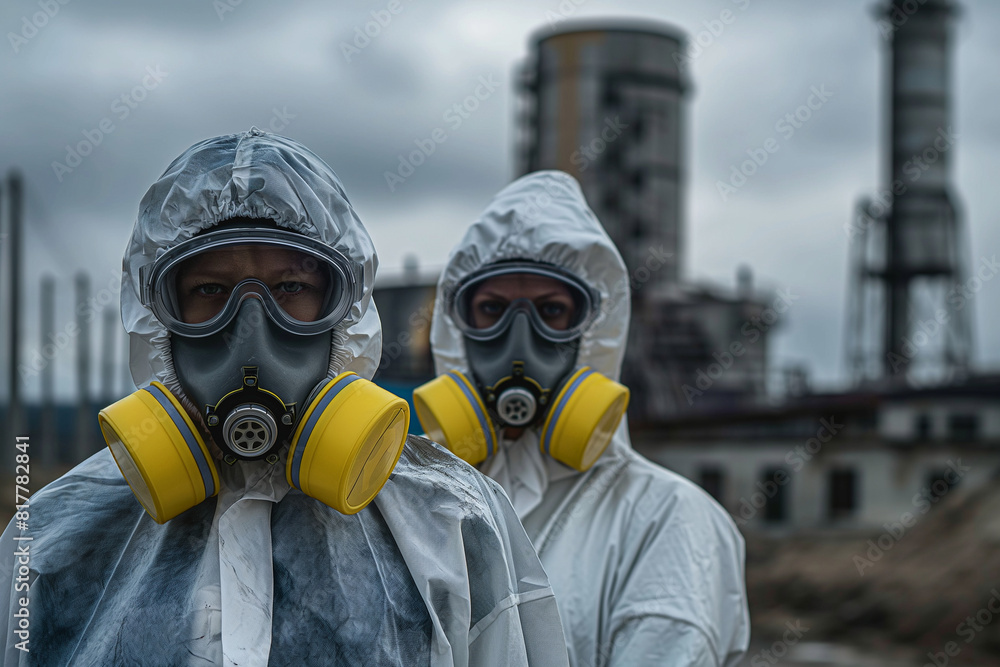 Two people wearing gas masks stand in front of a large industrial ...