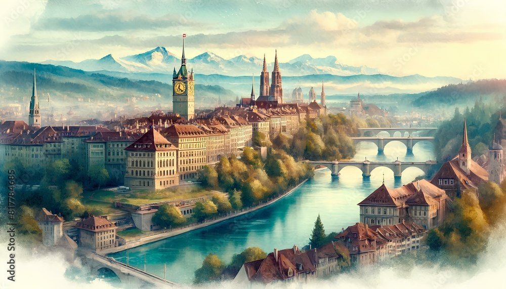 watercolor painting featuring significant landmarks of Bern ...