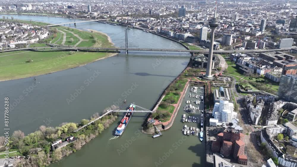 The skyline and city overview of Dusseldorf, capital of the German state of North Rhine ...