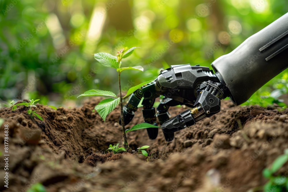 Robot hand planting a small tree in a hole in ground on green blurred ...