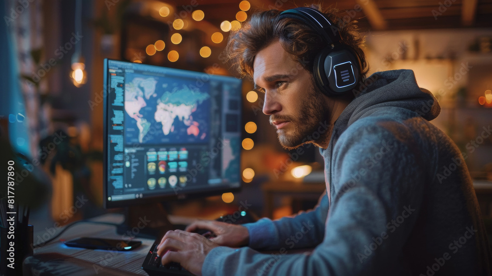 Man in front of the computer, the screen shows the login screen and the ...