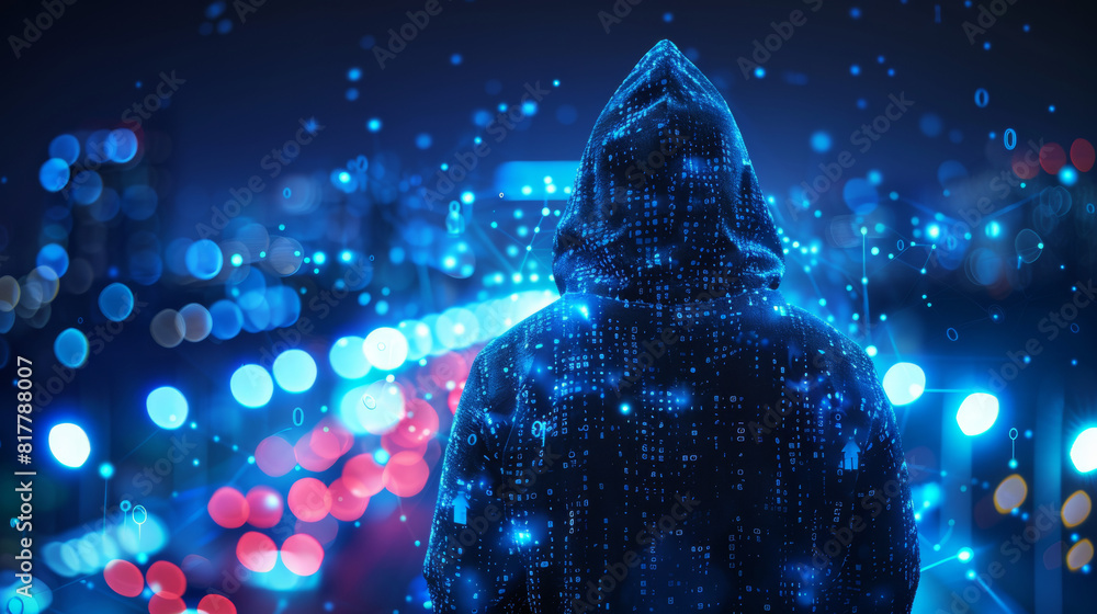 Hacker in shadowy ambiance, enigmatic, digital matrix code cascading ...