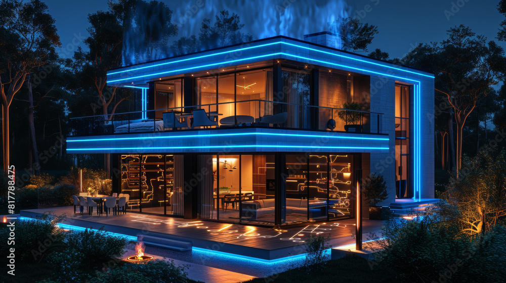 Two-storey house on a dark background. Illuminate the architectural ...