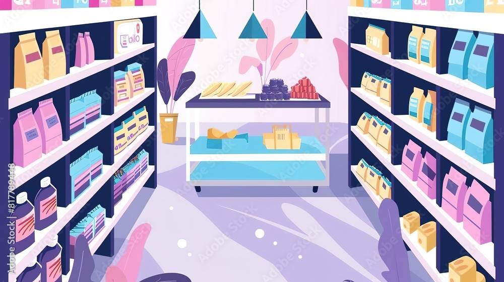 Design a colorful and inviting grocery store interior. The store should ...