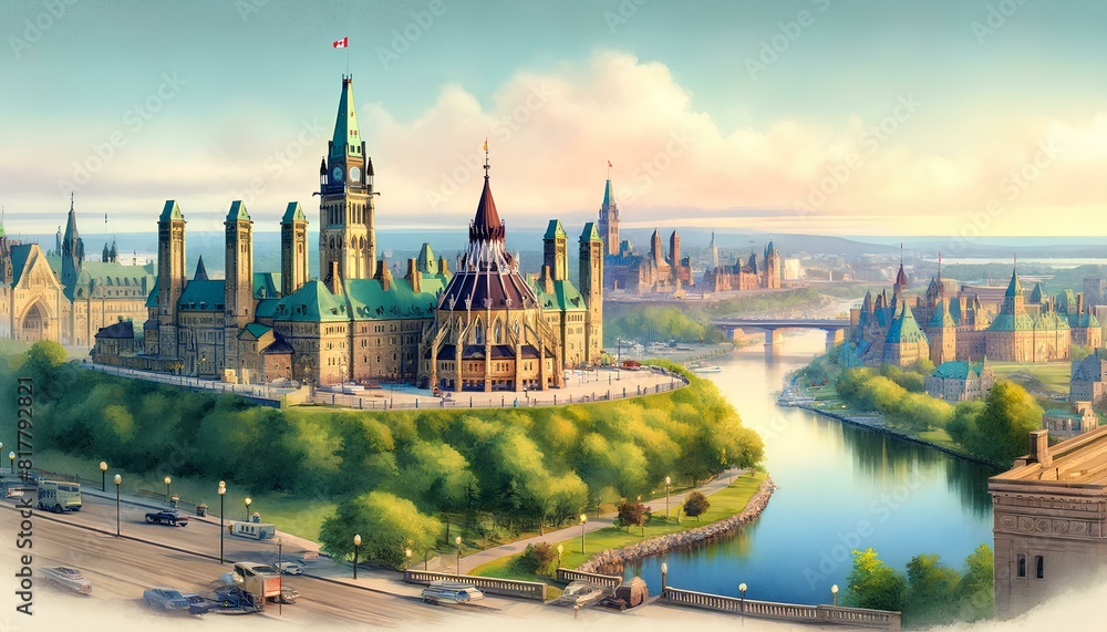 watercolor painting featuring significant landmarks of Ottawa, Canada ...