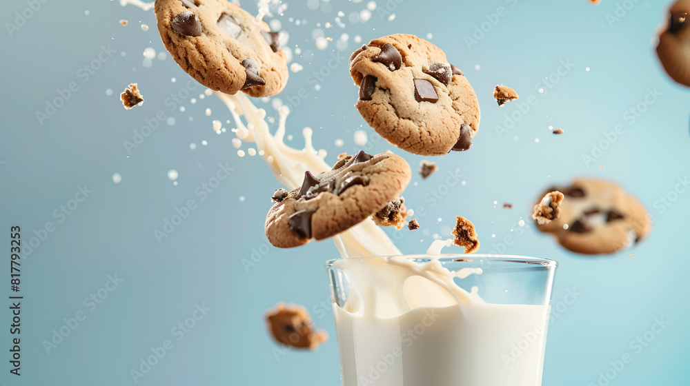 Chocolate chip cookies falling and splashing into a glass of milk with ...