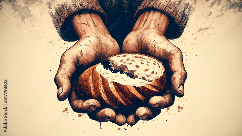 Dirty hands holding a broken piece of bread, illustration of poverty ...